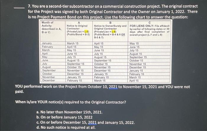 Solved - 5. You are second-tier subcontractor on a | Chegg.com