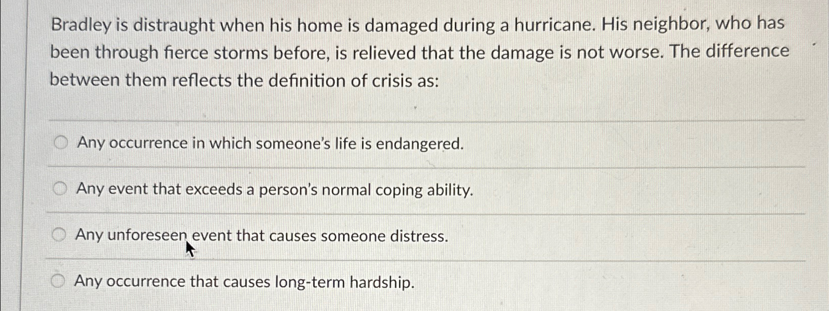 Solved Bradley is distraught when his home is damaged during | Chegg.com