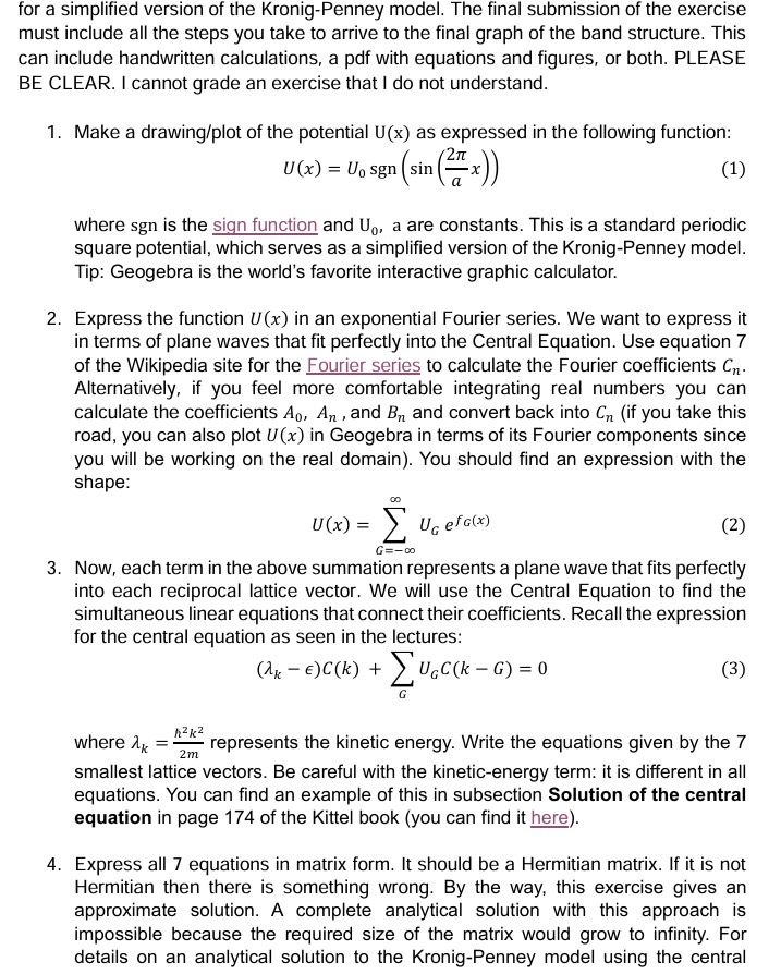 Solved for a simplified version of the Kronig-Penney model. | Chegg.com