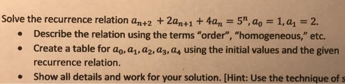 Solved Solve the recurrence relation an+2 + 2an+1 + 4an = | Chegg.com