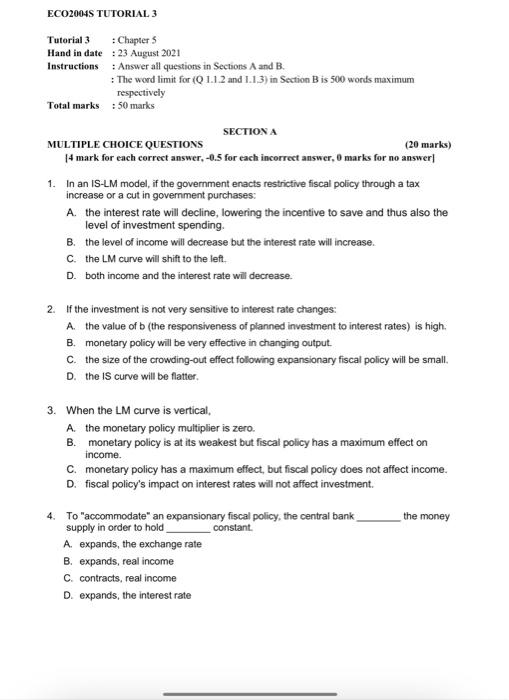 Solved ECO2004S TUTORIAL 3 Tutorial 3 : Chapter Hand in date | Chegg.com