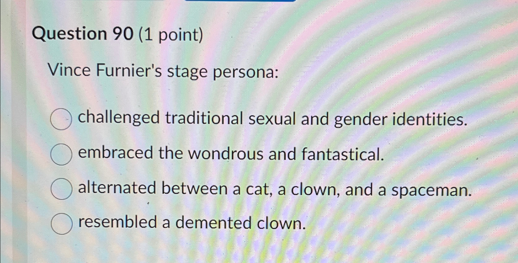 Solved Question 90 (1 ﻿point)Vince Furnier's stage | Chegg.com