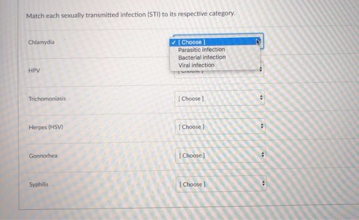 Solved Match each sexually transmitted infection (STI) to | Chegg.com