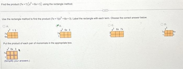 Solved Find the product (7x+1)(x2+6x+3) using the rectangle | Chegg.com
