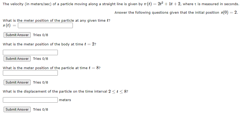 Solved The velocity (in meters/sec) ﻿of a particle moving | Chegg.com