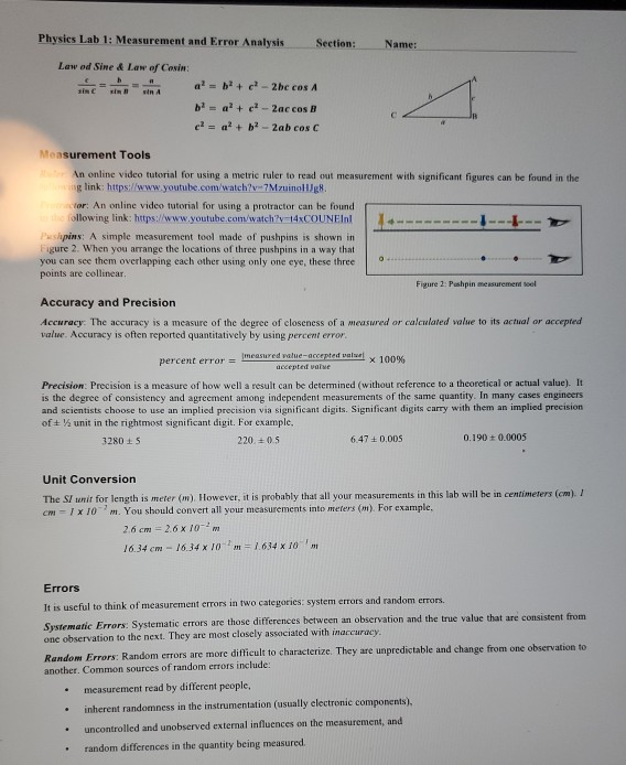 Section Name Physics Lab 1 Measurement And Error