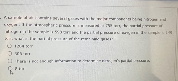 Solved A sample of air contains several gases with the major | Chegg.com
