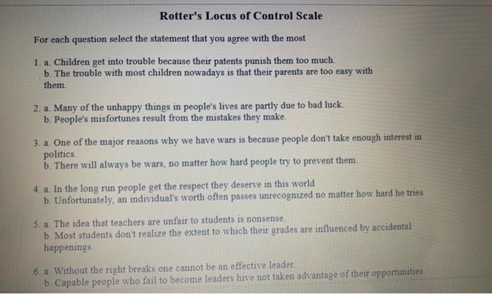 Solved Rotter's Locus of Control Scale For each question | Chegg.com