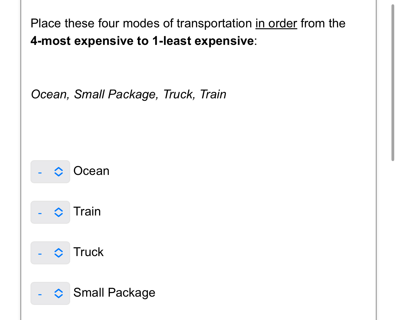 Solved Place these four modes of transportation in order | Chegg.com