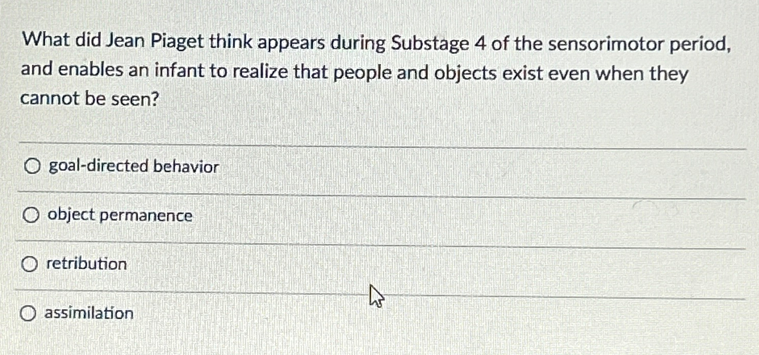 Solved What did Jean Piaget think appears during Substage 4 | Chegg.com