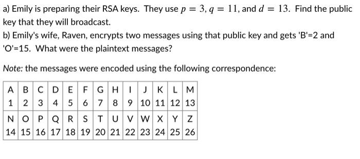 Solved a) Emily is preparing their RSA keys. They use p = | Chegg.com