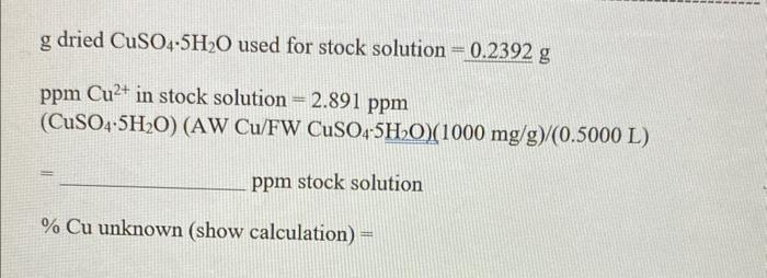 Solved g dried CuSO4⋅5H2O used for stock solution =0.2392 g | Chegg.com