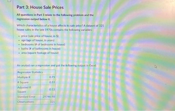 Solved Part 3: House Sale Prices All questions in Part 3 | Chegg.com