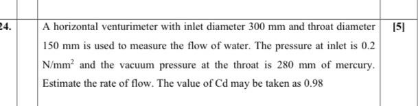 Solved 24. 151 A horizontal venturimeter with inlet diameter | Chegg.com