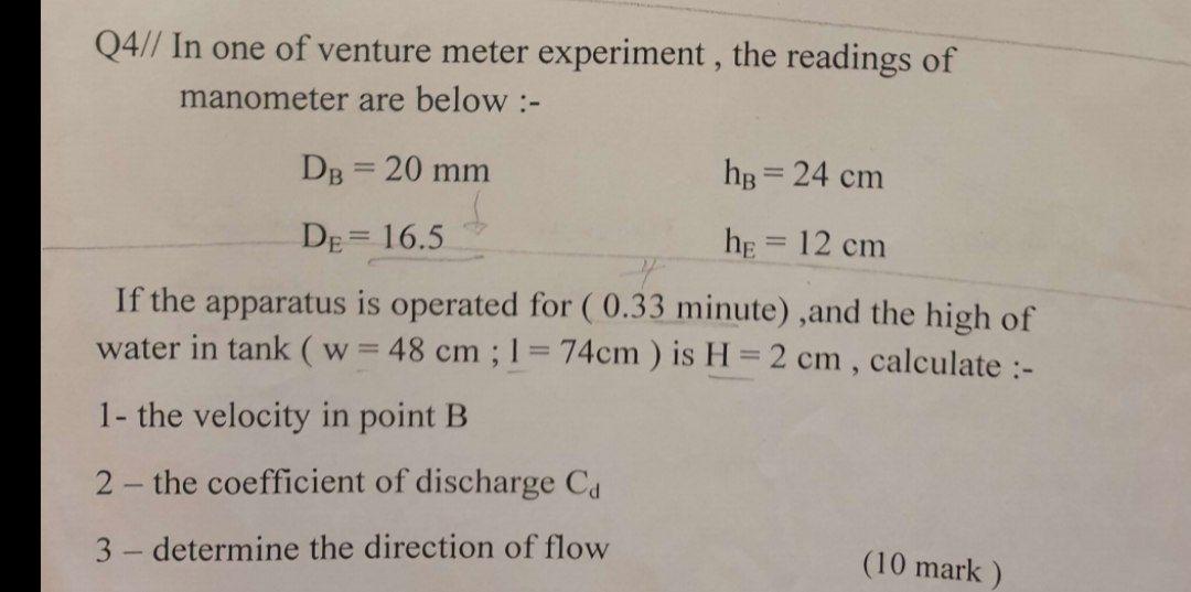 Solved Q4// In one of venture meter experiment, the readings | Chegg.com