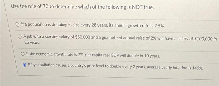 Solved Use the rule of 70 to determine which of the | Chegg.com