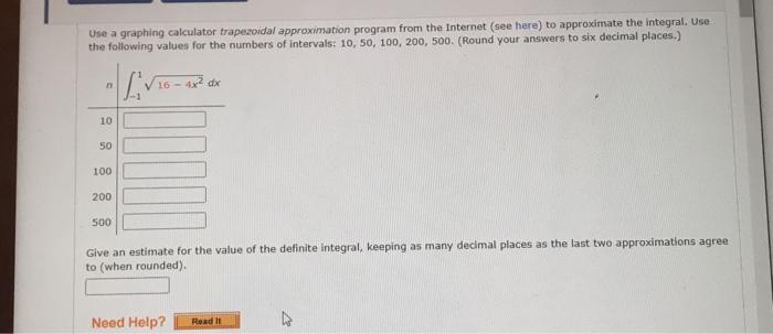 Solved Use a graphing calculator trapezoidal approximation | Chegg.com