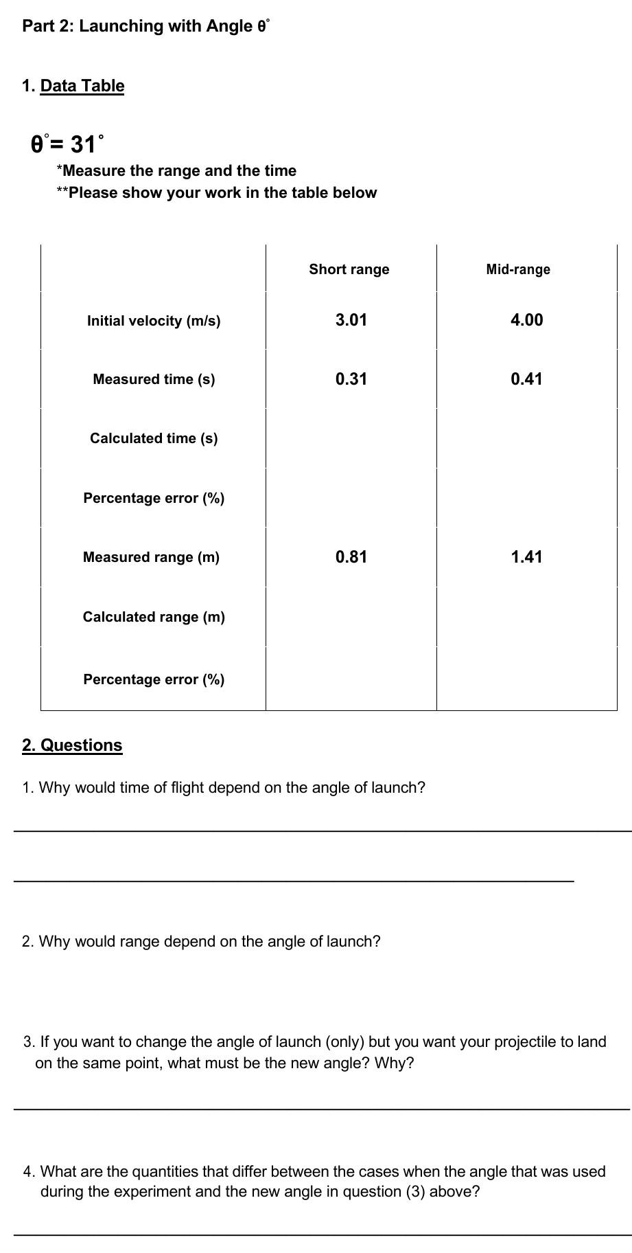 Solved Part 1: Horizontal Launch (0°= 0°) Data Table Range | Chegg.com