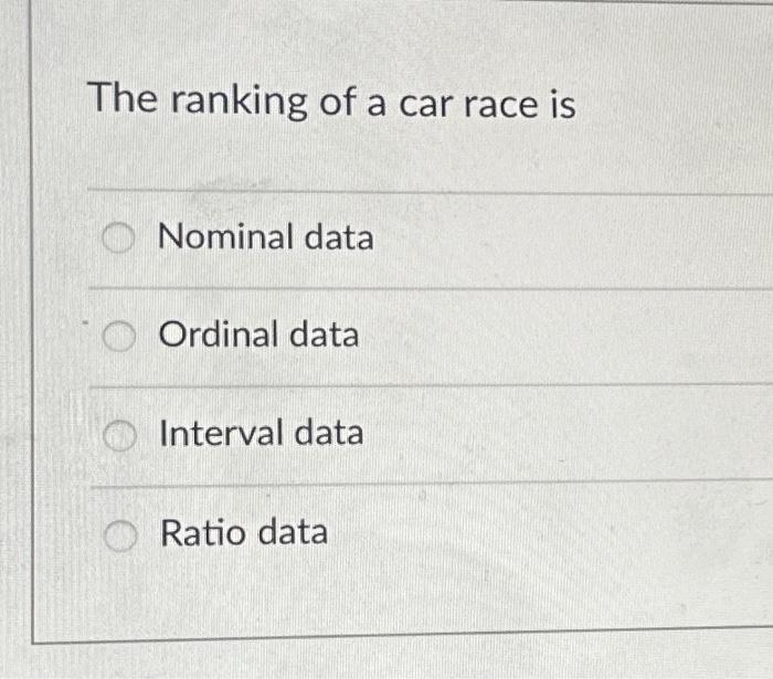 Solved The ranking of a car race is Nominal data Ordinal | Chegg.com