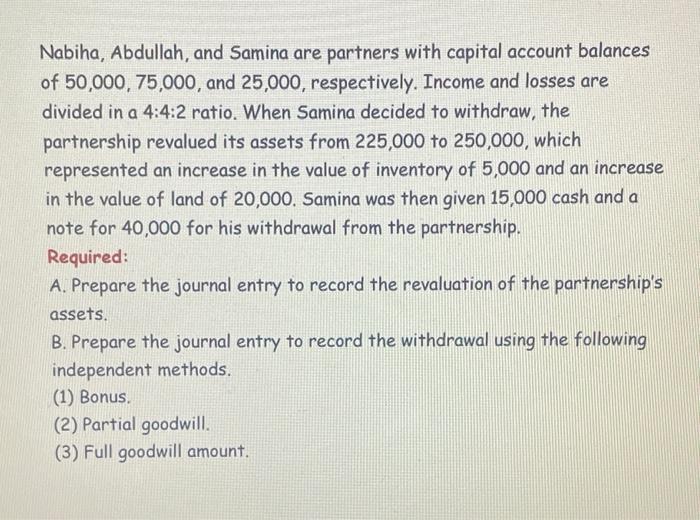 Solved a Nabiha, Abdullah, and Samina are partners with | Chegg.com