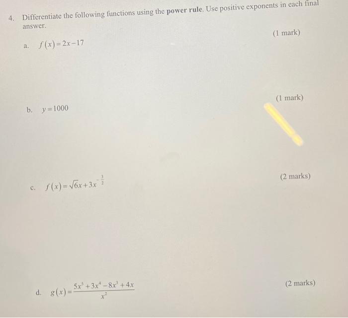 Solved 4. Differentiate the following functions using the | Chegg.com