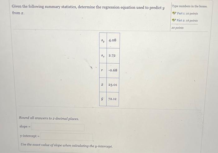 Solved Given the following summary statistics, determine the | Chegg.com