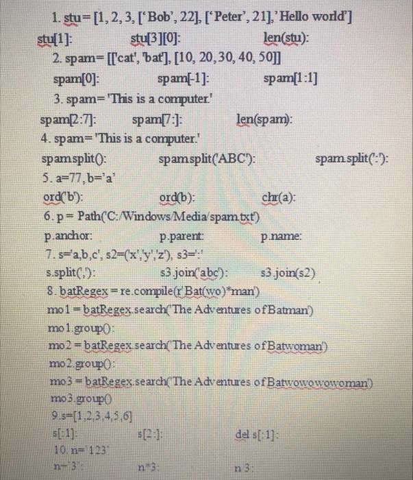 Solved 1. stu =[1,2,3,[ 'Bob', 22], ['Peter', 21],' Hello | Chegg.com
