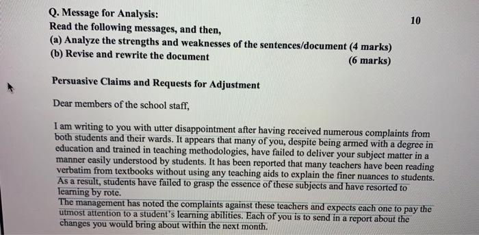 Solved 10 Q. Message for Analysis: Read the following | Chegg.com