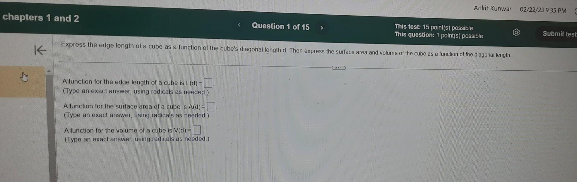 Solved Express the edge length of a cube as a function of | Chegg.com