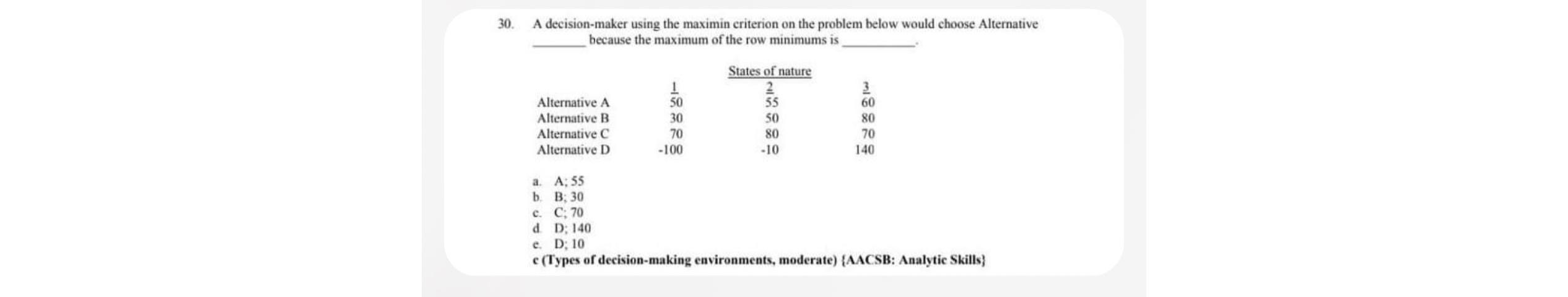 Solved A decision-maker using the maximin criterion on the | Chegg.com