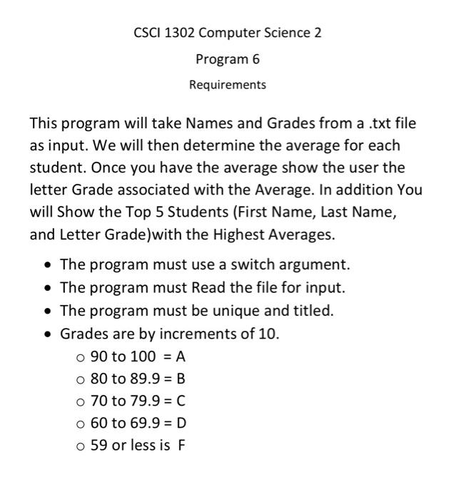 Solved CSCI 1302 Computer Science 2 Program 6 Requirements | Chegg.com