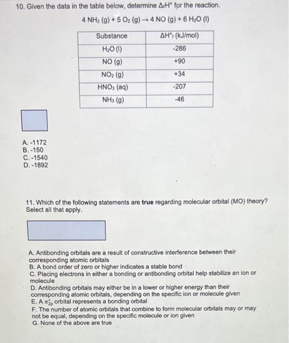 Solved 10. Given the data in the table below, determine ΔH∘ | Chegg.com