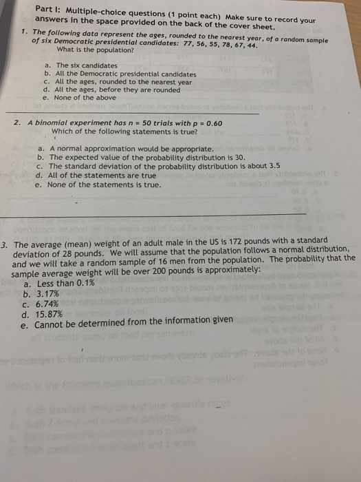 Solved Part 1: Multiple-choice questions (1 point each) Make | Chegg.com