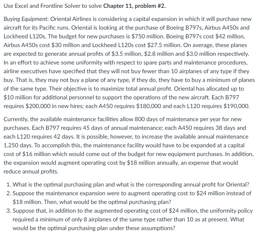 Use Excel and Frontline Solver to solve Chapter 11, | Chegg.com