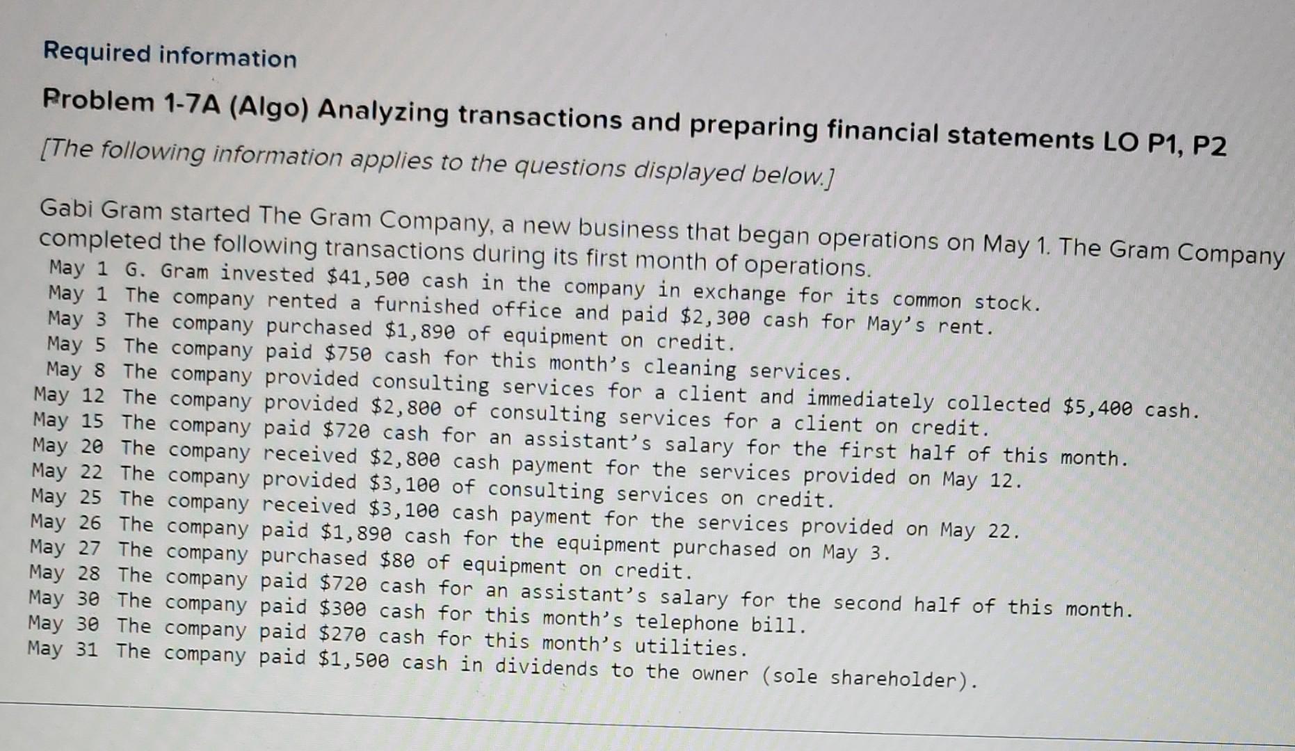 Solved Required information Problem 1-7A (Algo) Analyzing | Chegg.com