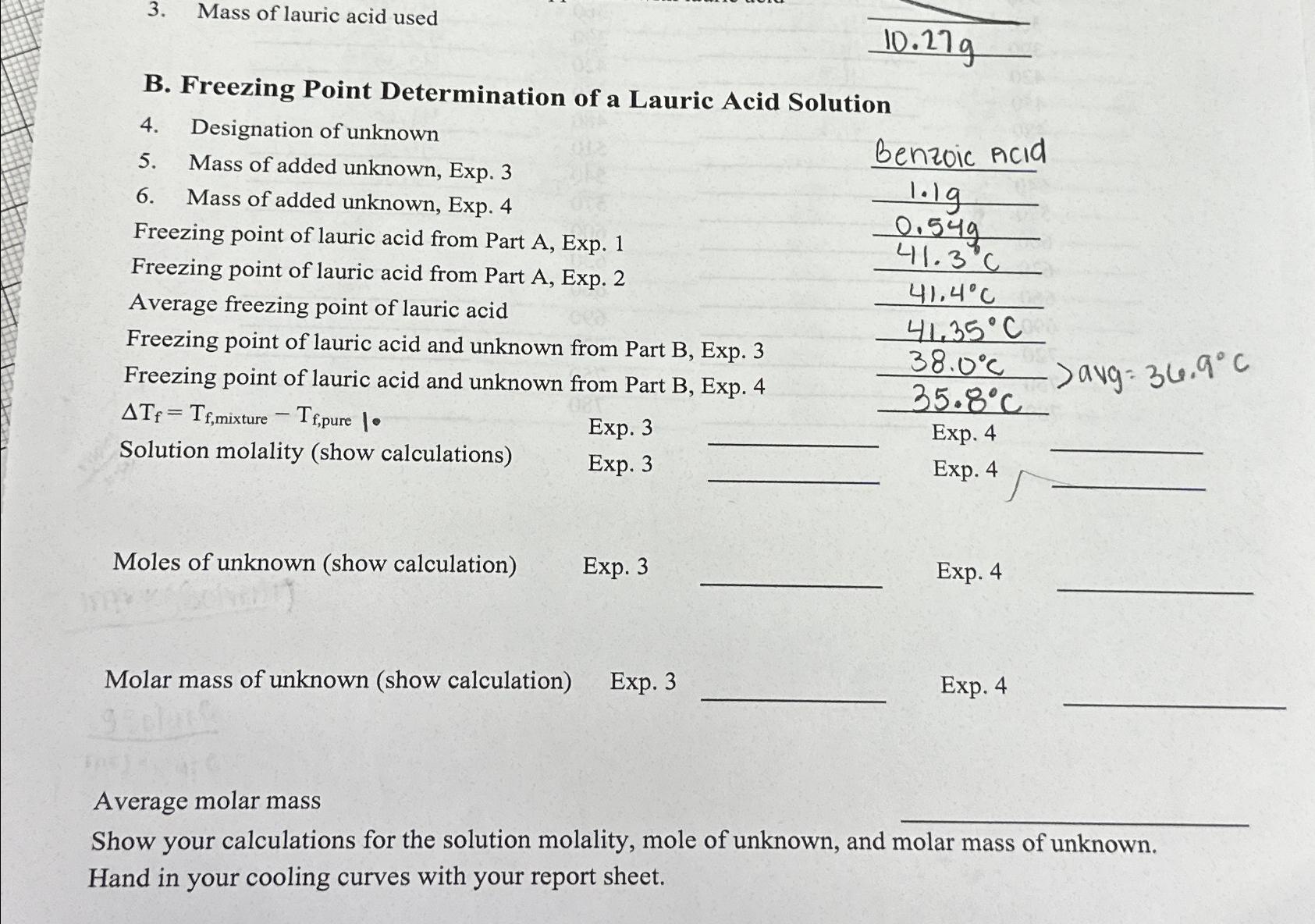 Solved Mass of lauric acid used10.27gB. ﻿Freezing Point | Chegg.com
