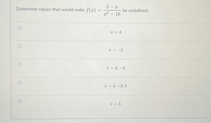 Solved Determine values that would make f(x)=x2−165−x be | Chegg.com