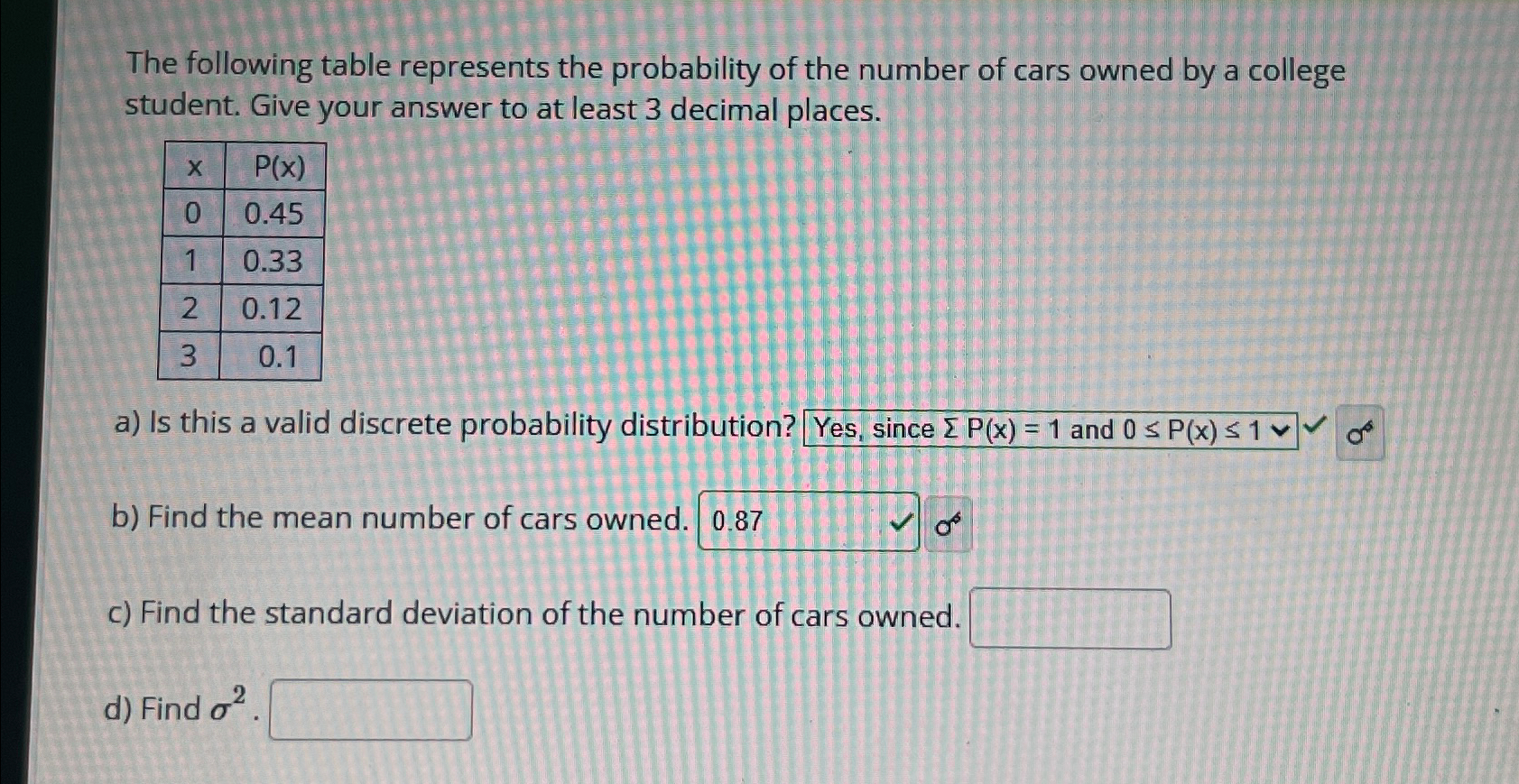 Solved The following table represents the probability of the | Chegg.com
