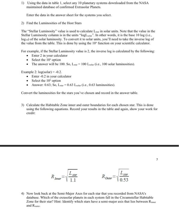Pick ANY 10 planetary systems downloaduse the table | Chegg.com