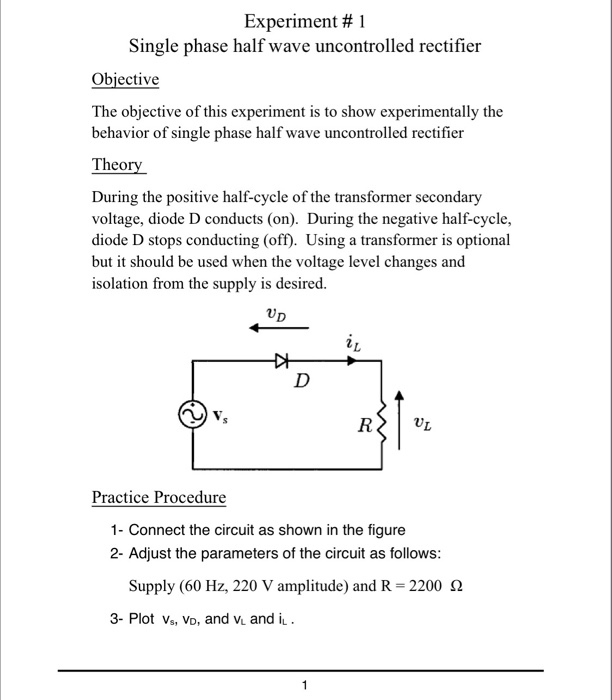 Solved Experiment 1 Single Phase Half Wave Uncontrolled
