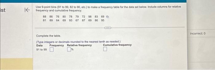 Solved Use 9-point bins ( 91 to 99,82 to 90 , etc.) to make | Chegg.com