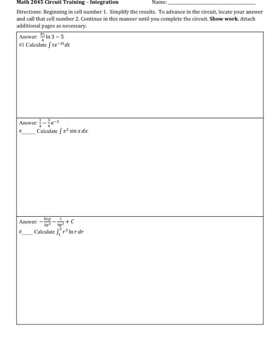 Solved Math 2045 Circuit Training - Integration Name: | Chegg.com
