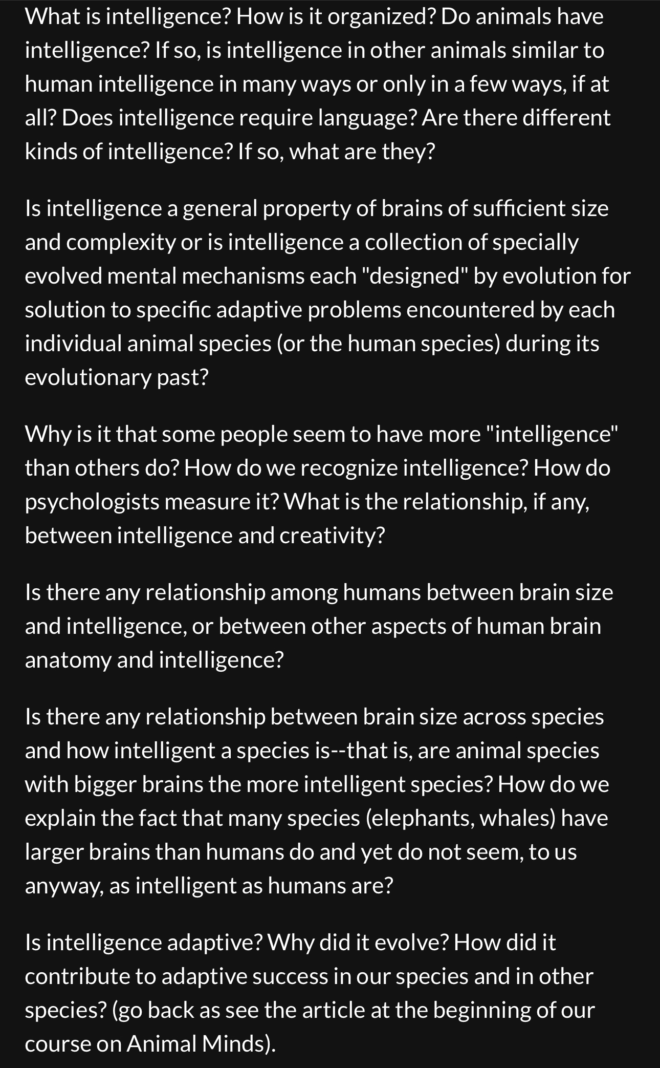 Solved What is intelligence? How is it organized? Do animals | Chegg.com