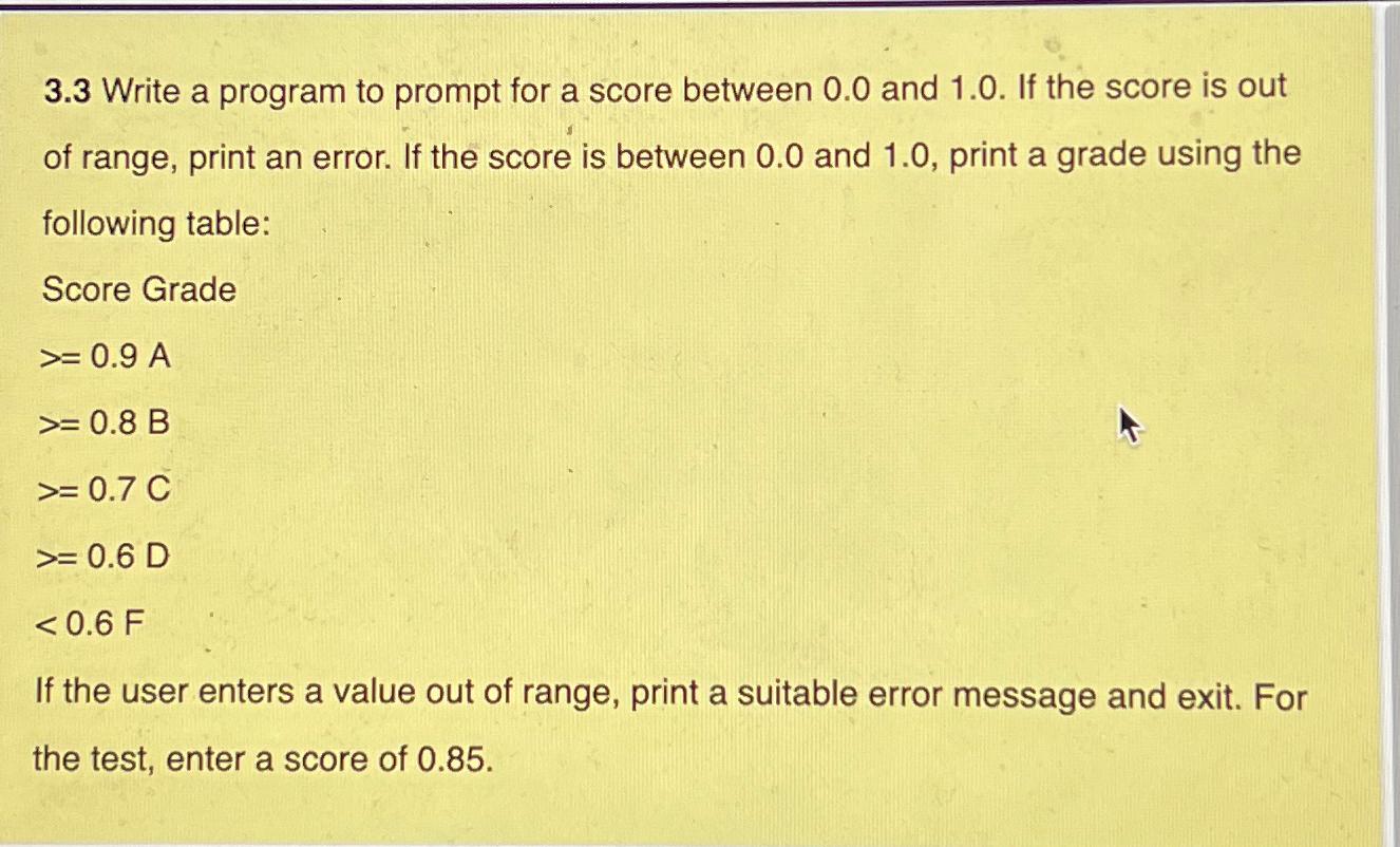 Solved 3.3 ﻿Write a program to prompt for a score between | Chegg.com