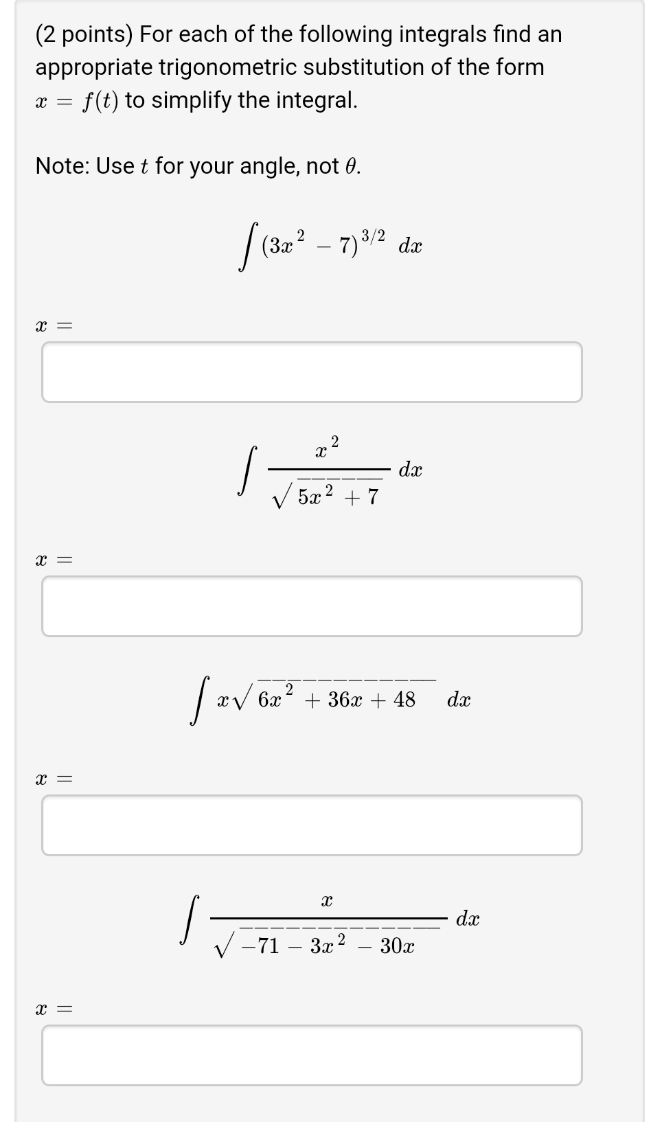 Solved (2 ﻿points) ﻿For each of the following integrals find | Chegg.com