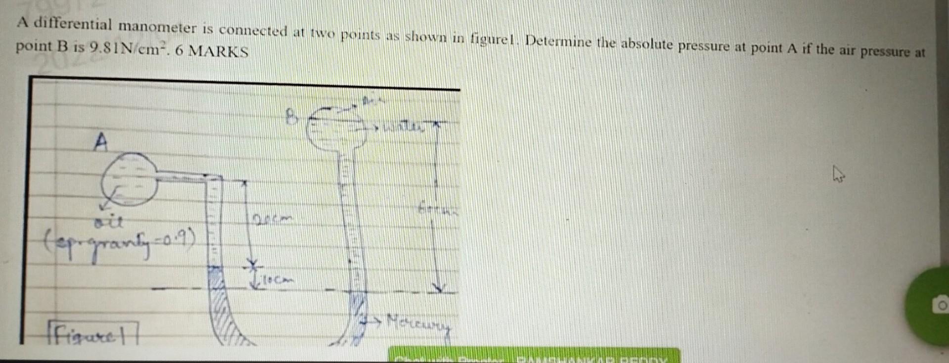 Solved A differential manometer is connected at two points | Chegg.com