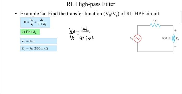 Solved RL High-pass Filter Example 2a: Find the transfer | Chegg.com