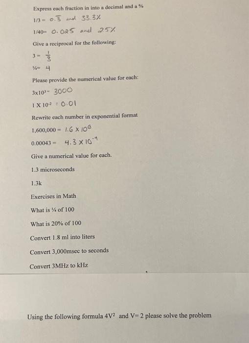 Solved Express each fraction in into a decimal and a % | Chegg.com