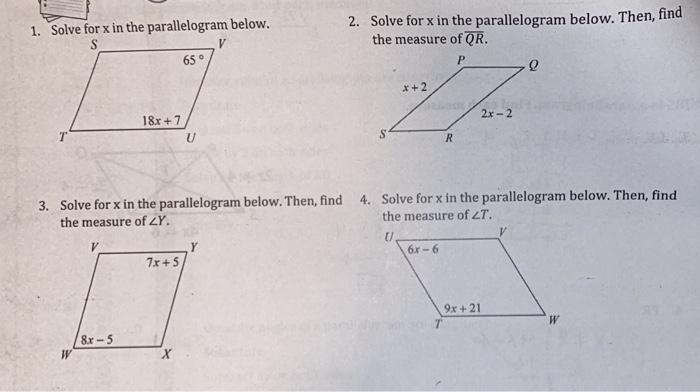 Solved 1. Solve for x in the parallelogram below. V 2. Solve | Chegg.com