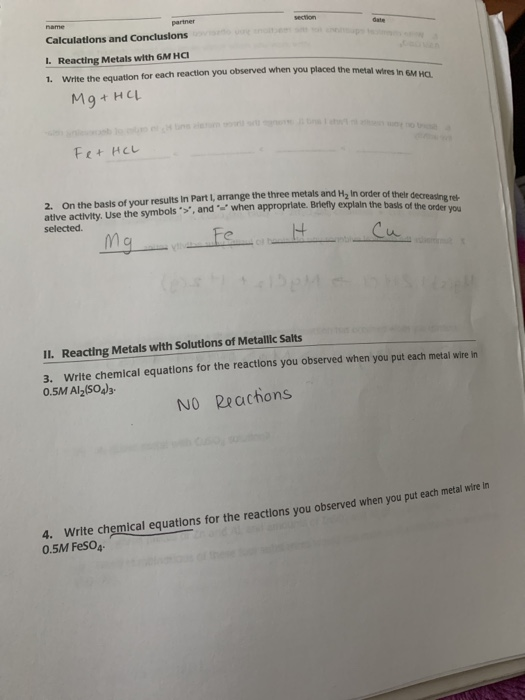 Solved section date name partner Calculations and | Chegg.com